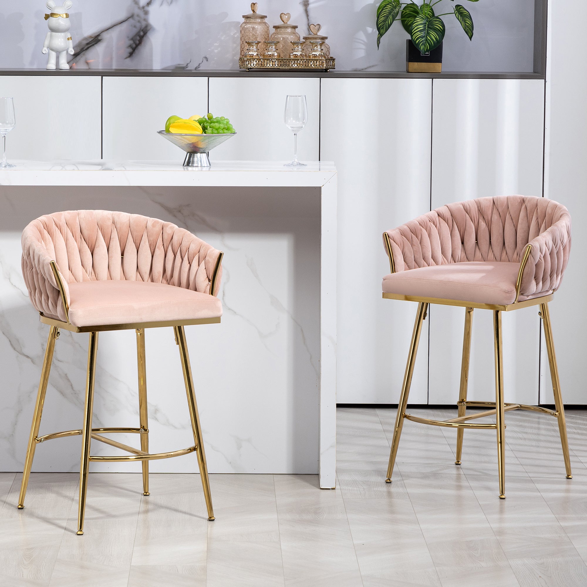 Calista - Set of 2 - 26" Pink Velvet Counter Height Bar Stools ...