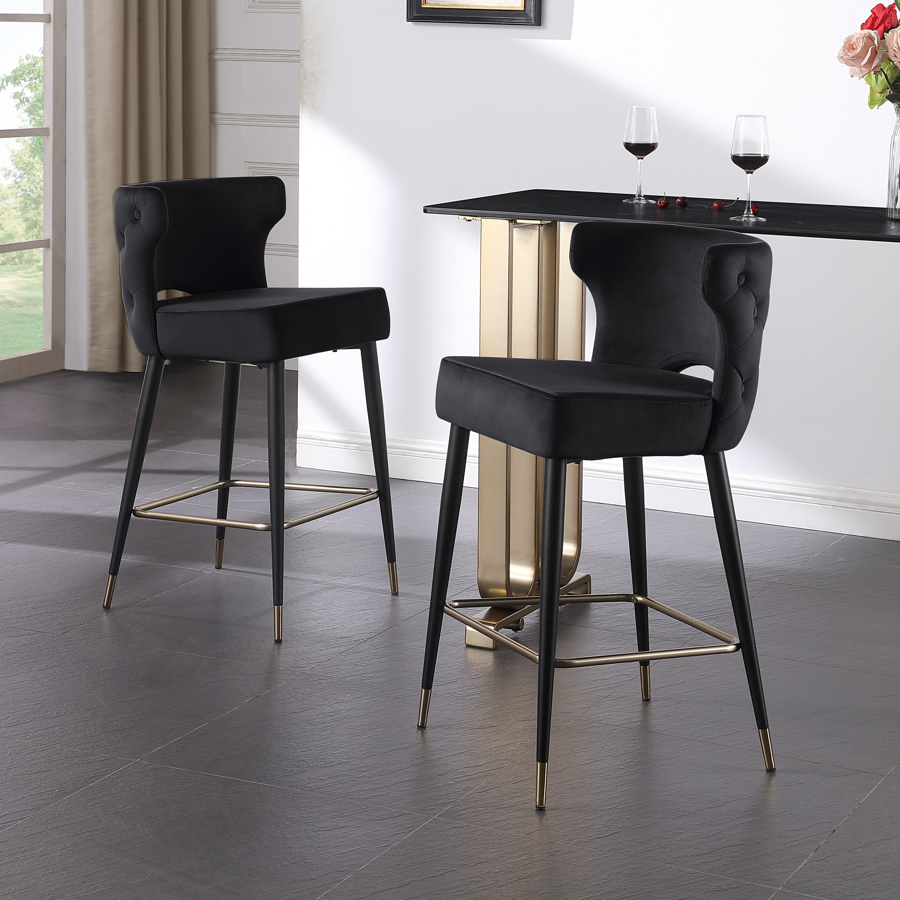 Henley - Set of 2 - 28" Black Velvet Counter Height Stools with Gold-T ...