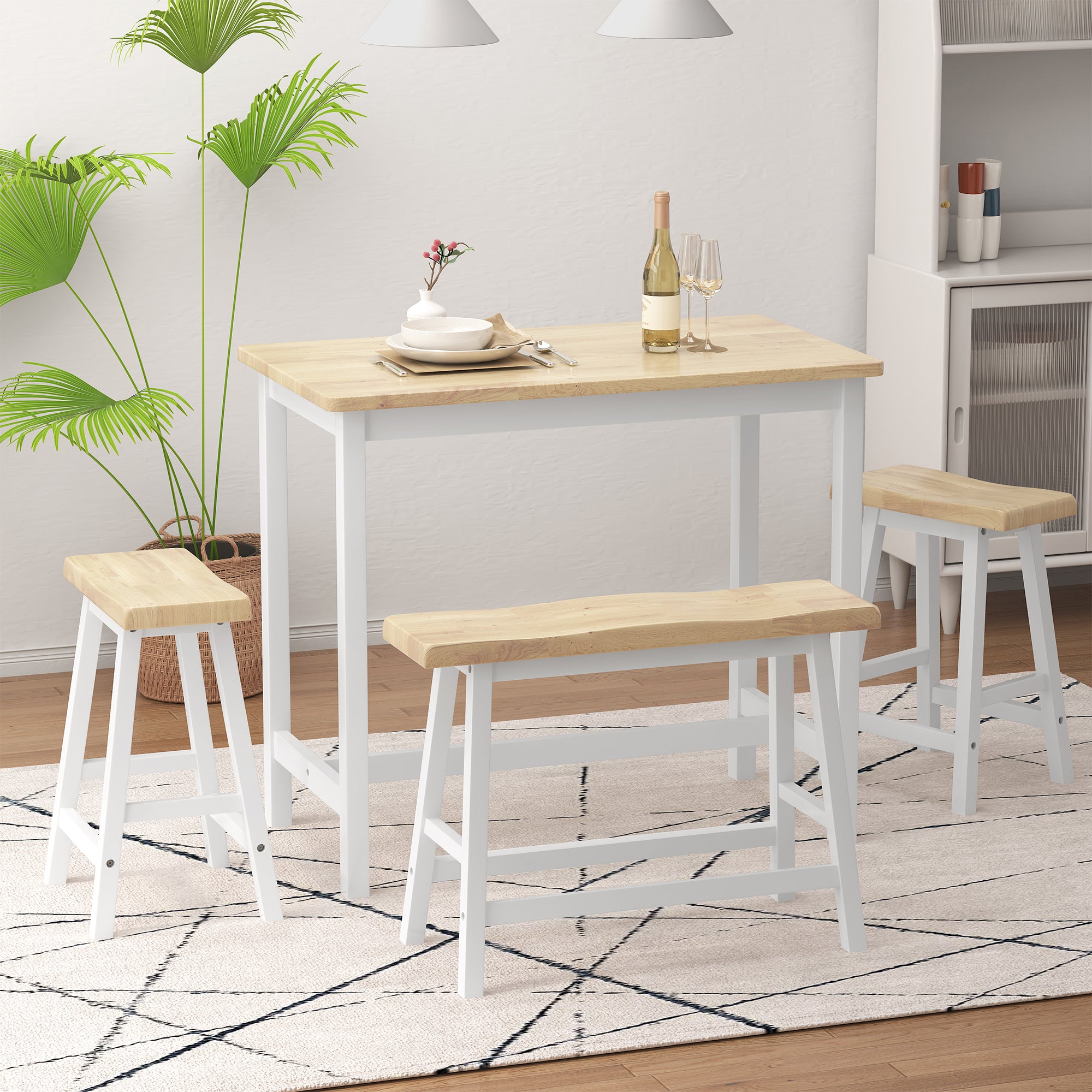Harvord - Kitchen Bistro Table with 2 Stools & Bench - Natural & White ...