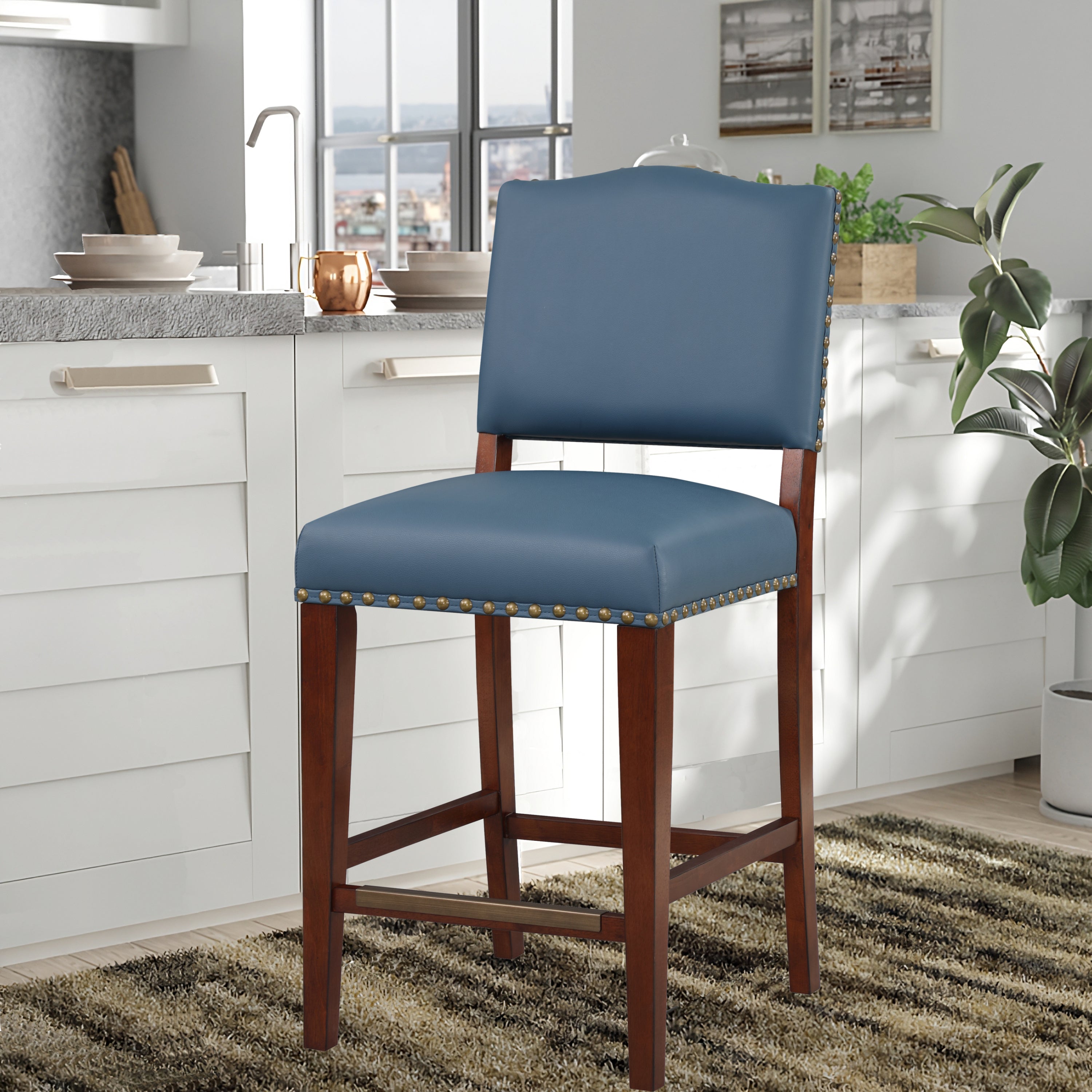 Belmontthel - Set of 2 - 26" Blue Faux Leather Counter Stools with Nai ...